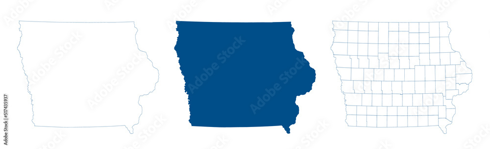 Iowa map. Detailed blue outline and silhouette. Administrative ...