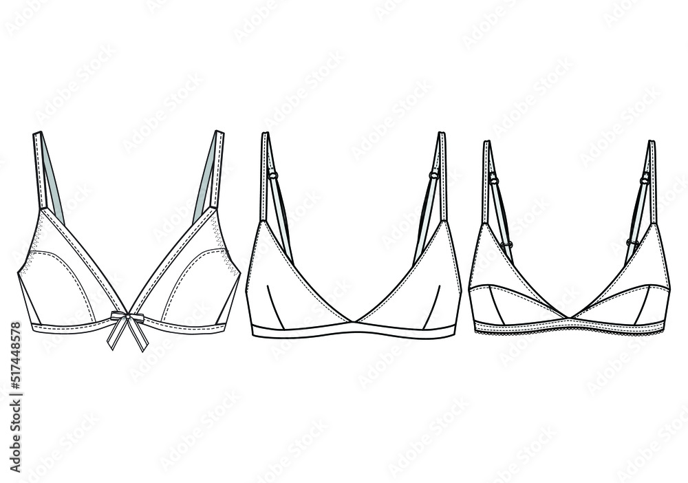 Sets of Bra, Triangle bra, Bralette bra Fashion Illustration, Vector ...