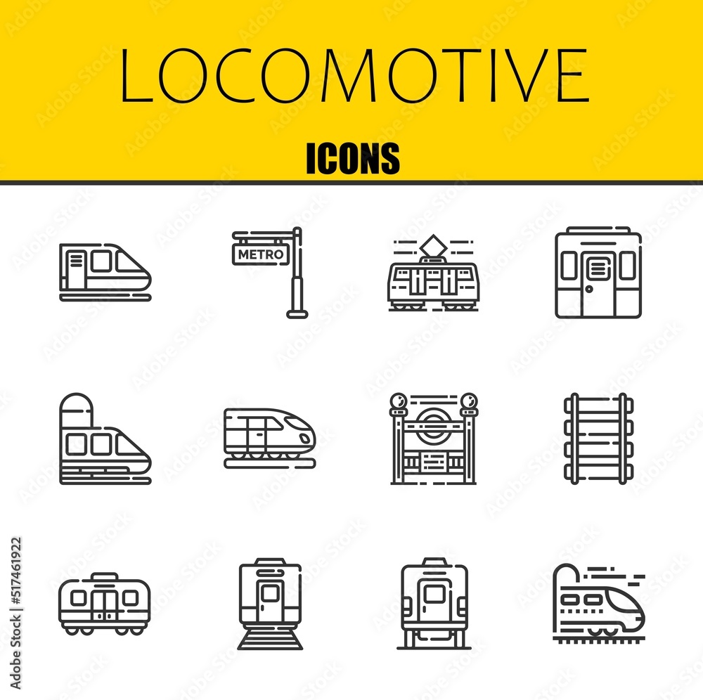 locomotive vector line icons set. train, metro and tram Icons. Thin ...