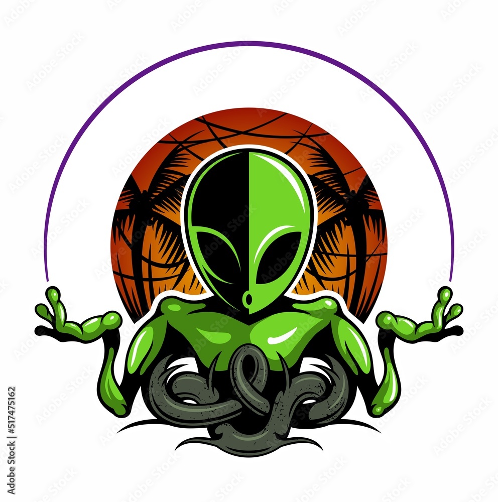 Cartoon style alien character with the tentacles and palm jungle trees ...