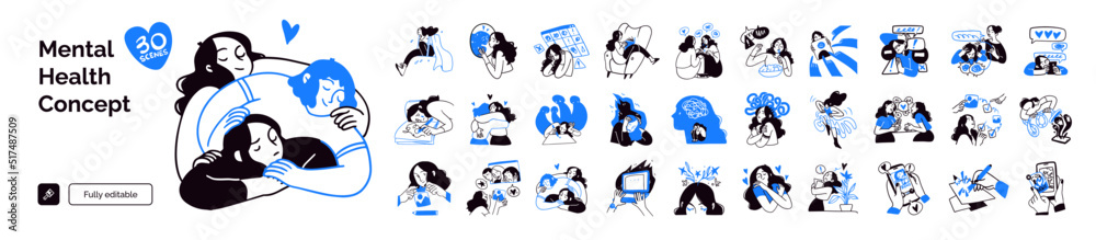 Mental health and psychology concept set. Different mental health ...