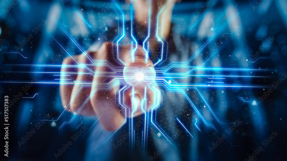 Digitalization Concept: Human Finger Pushes Touch Screen Button and ...