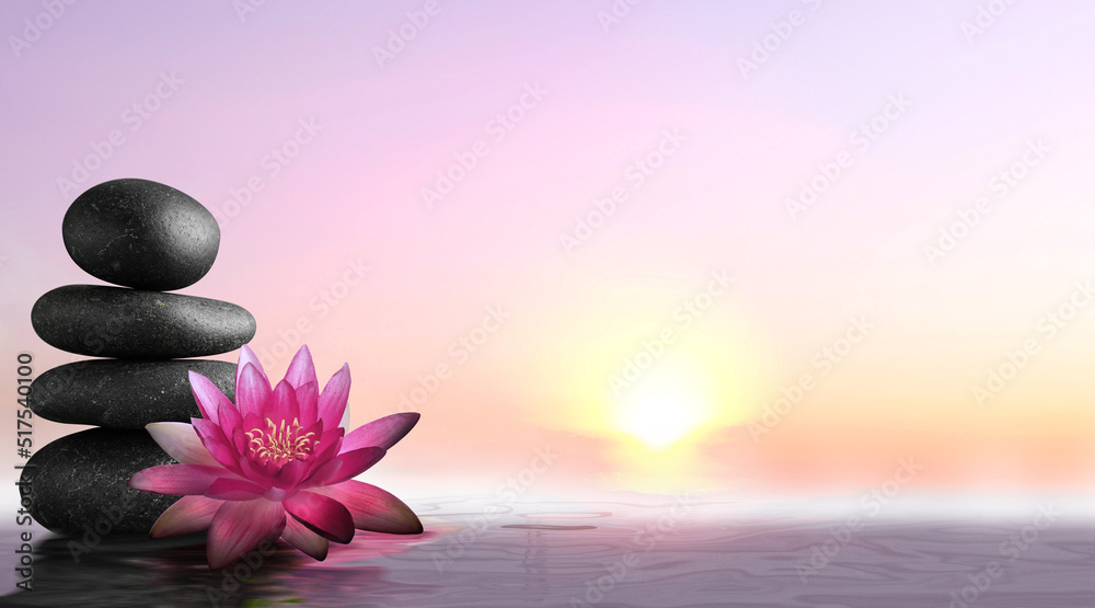 Zen, meditation, harmony. Beautiful lotus flower and stack of stones on ...