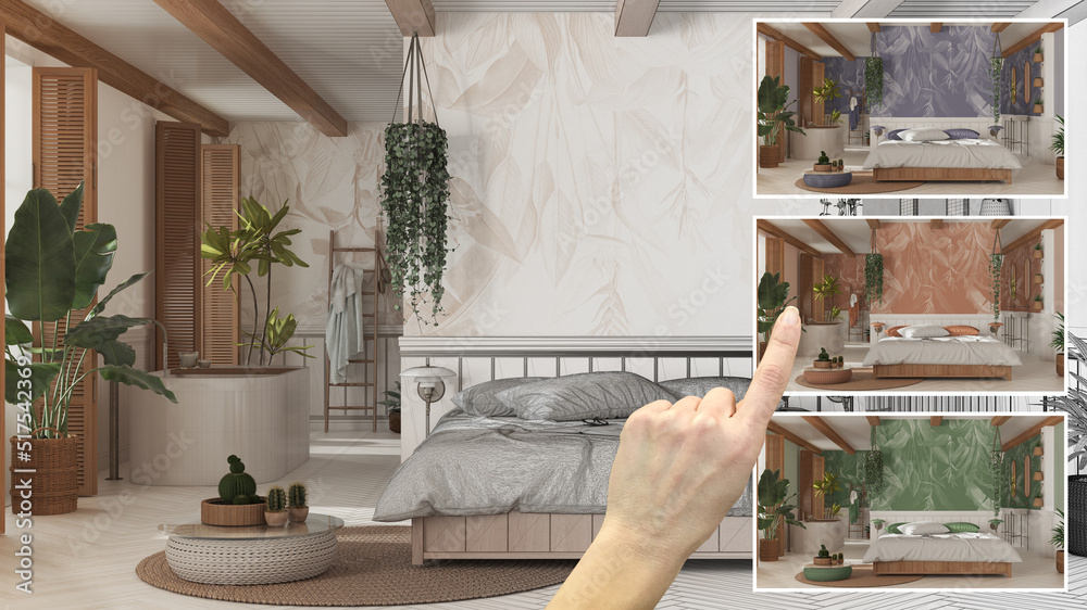 Architect designer concept, hand showing boho farmhouse bedroom and ...