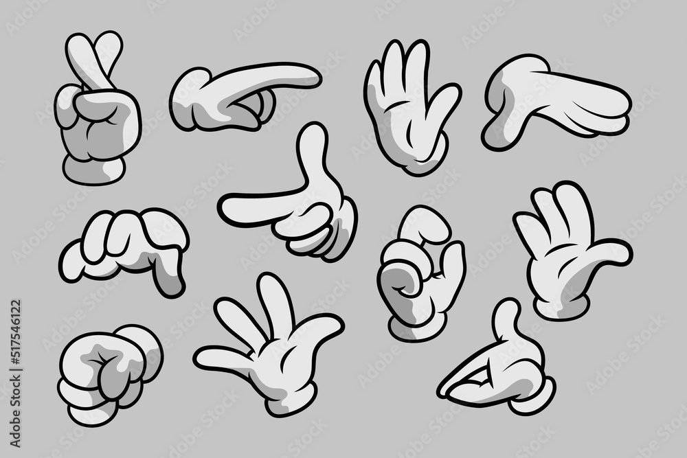Retro Cartoon Gloved Hands Gestures. Cartoon Hands with Gloves Icon Set ...