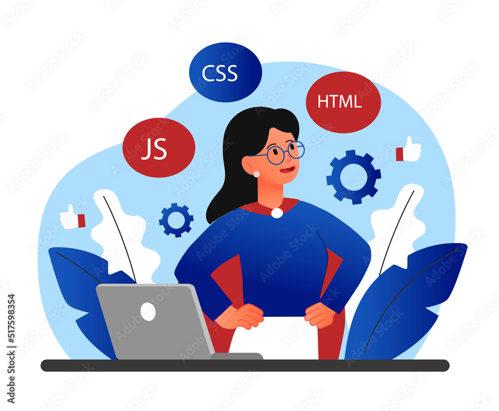 Concept of programming skills. Woman in superhero cape stands near ...