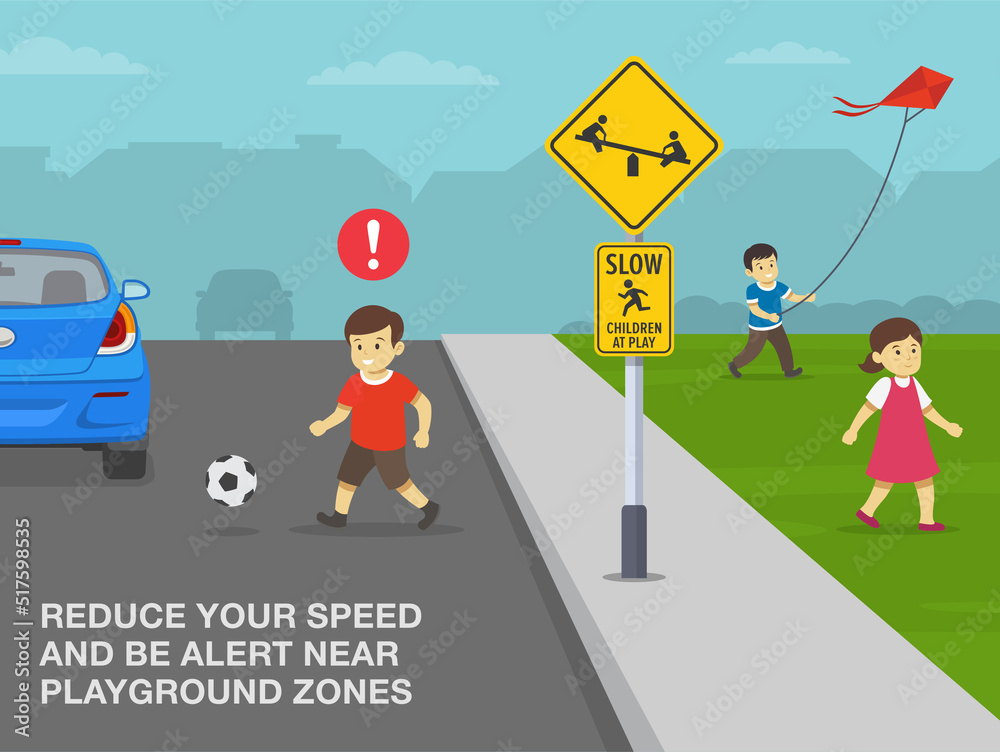 Safe driving tips and rules. Happy kids playing near city road. Slow ...