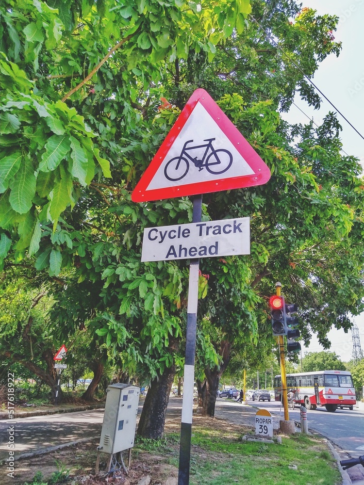 cycle track ahead road sign Stock Photo | Adobe Stock