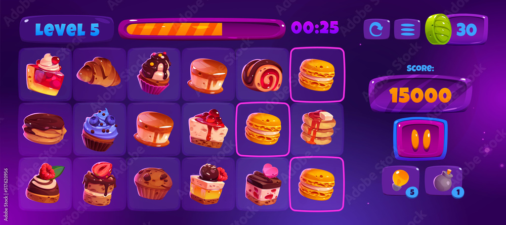 Match 3 game interface with cute cakes icons, buttons and assets ...