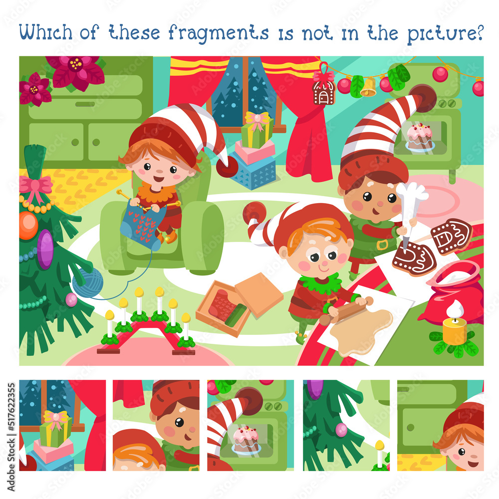 Find hidden fragments. Game for children. Cute elves and Christmas ...