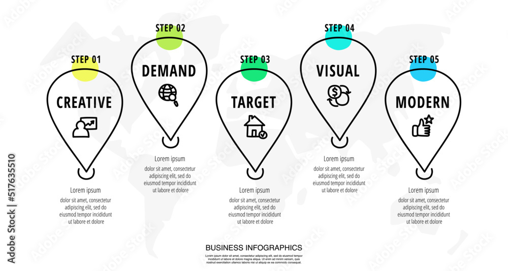 Hand-drawn vector infographic. Template with point map, icons. Use for ...