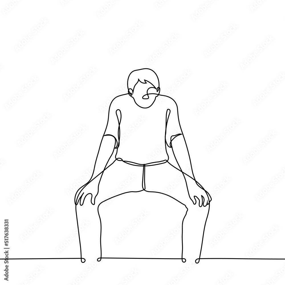man squat with legs wide apart resting on knees with palms - one line ...