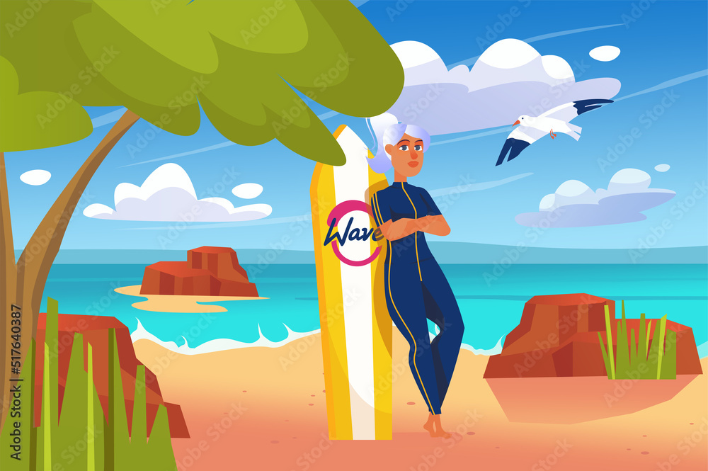 Summer beach background in flat cartoon design. Wallpaper with woman in ...