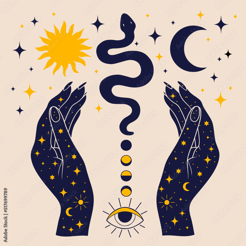 Vector illustration of mystical wise hands, celestial symbols of the ...