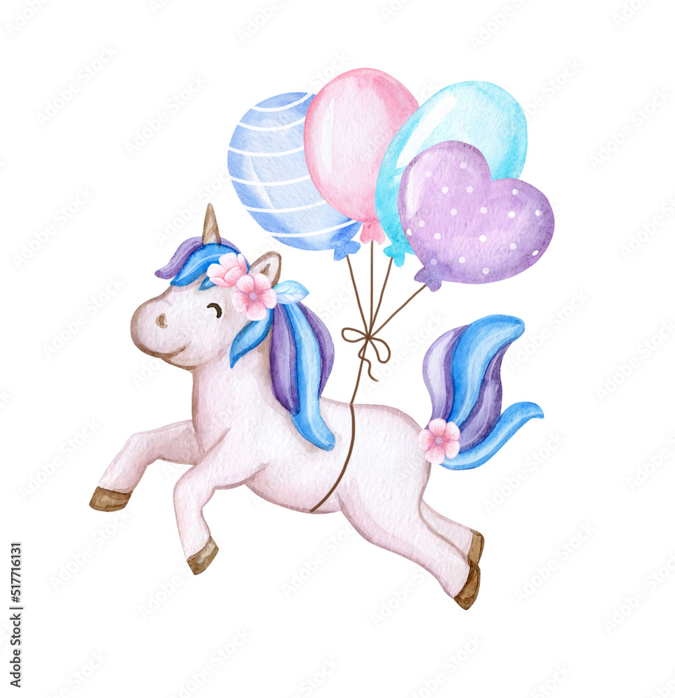 Unicorn and balloons isolated on white background. Baby party, baby ...