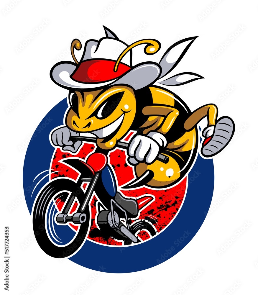 Cartoon style bee character, riding the motorcycle, biker cartoon ...