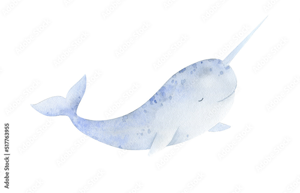 Watercolor narwhal illustration. Cute baby animal underwater graphics ...
