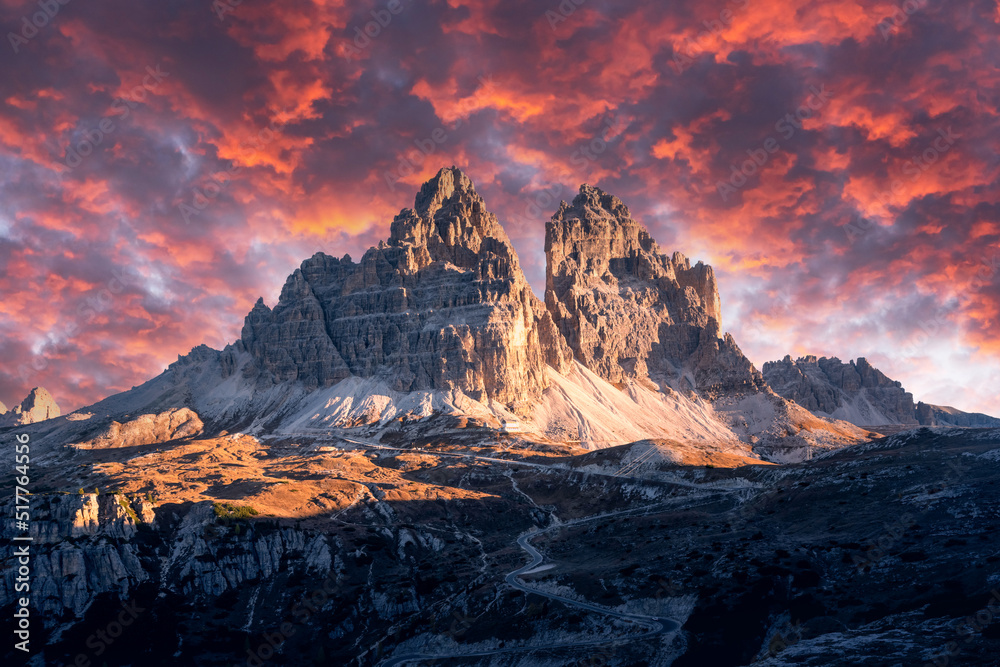 Dramatic evening landscape with Three peaks of Lavaredo mountains ...