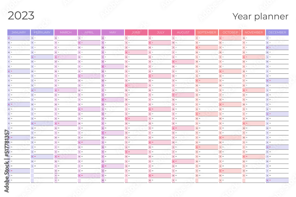 2023 year calendar. Planner template with vertical columns. Vector ...
