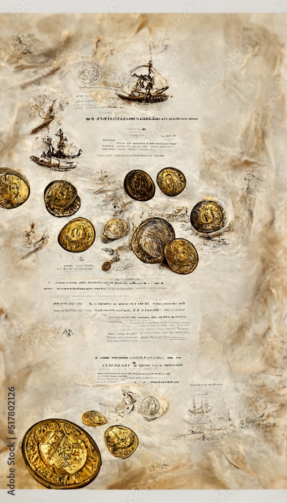 Ilustración de Stock Pirate doubloons on an old papyrus. Image of old ...