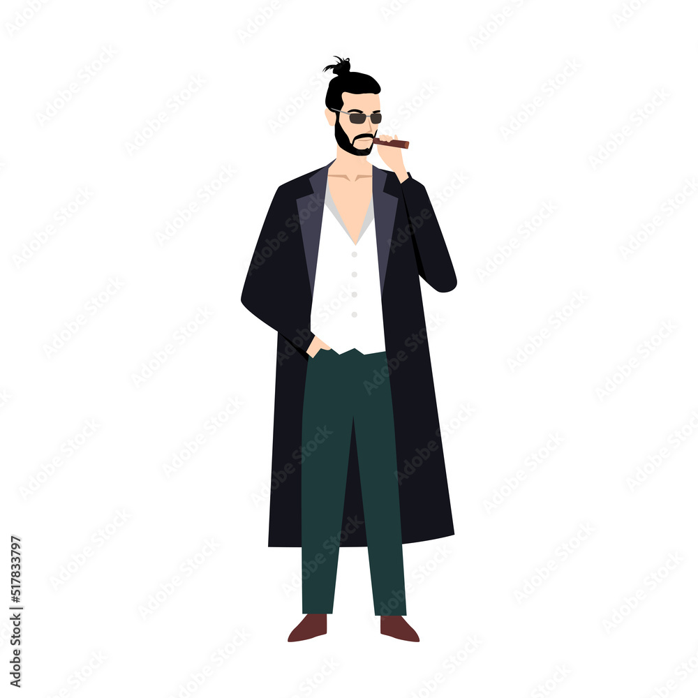 Asian mafia man cartoon character with bun hair and sunglasses. Flat ...