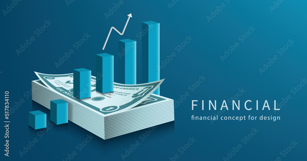 Blue bar charts are placed on dollar bills and success gradually climb ...