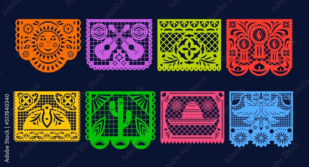 Mexican papel picado papercut flags. Vector Day of Dead isolated paper ...