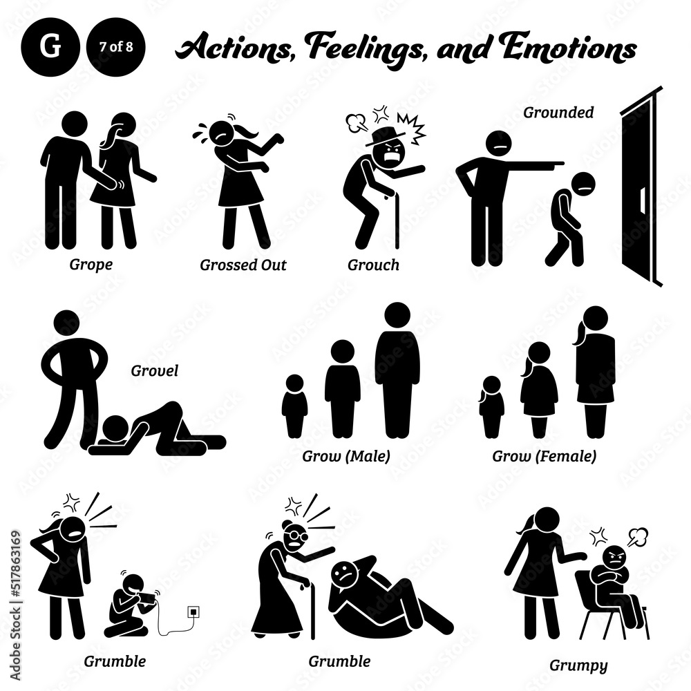 Stick figure human people man action, feelings, and emotions icons ...