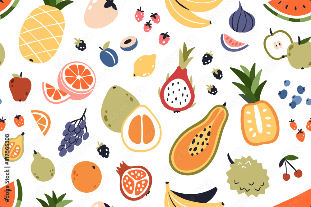Seamless fruity pattern. Tropical background with summer fruits and ...