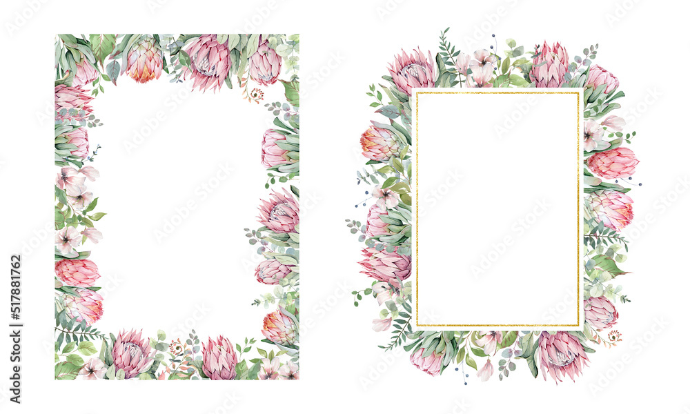 protea frame, protea wreath, pink flowers, postcard design, greenery ...