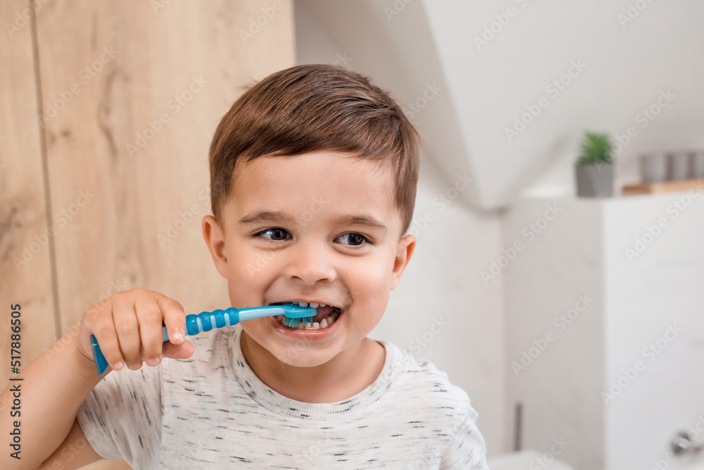 Foto de Stock Child brushing teeth. Kids tooth brush and paste. Little ...