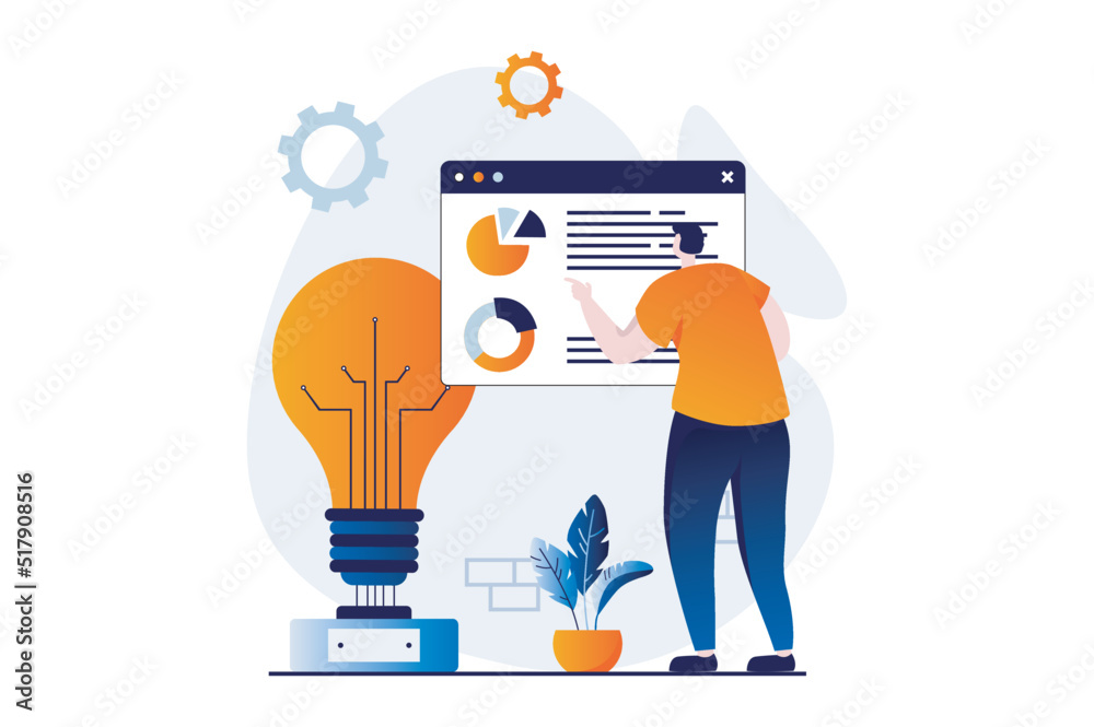 Data science concept with people scene in flat cartoon design. Man ...