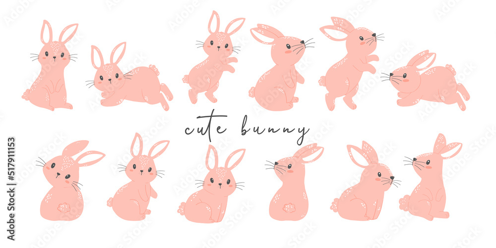 cute bunny rabbit pink in different poses collection, cartoon animal ...