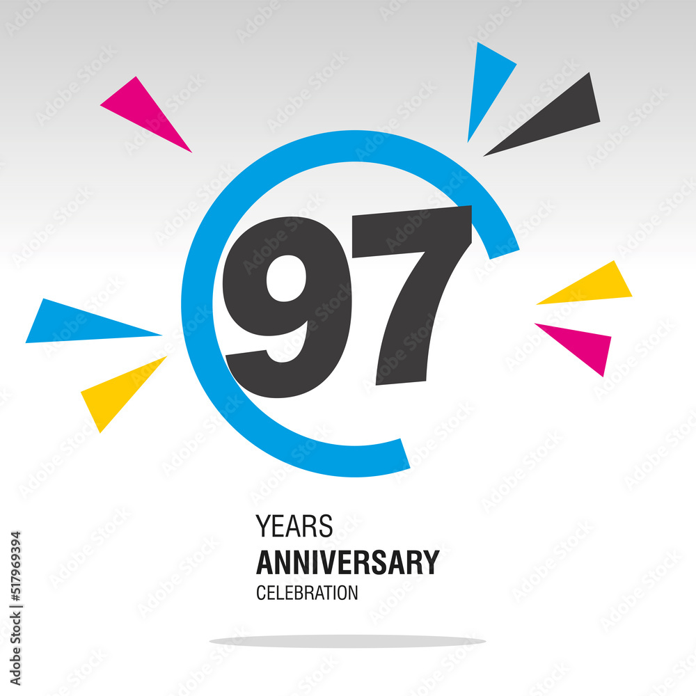 97 Years Anniversary, number in broken circle with colorful bang of ...