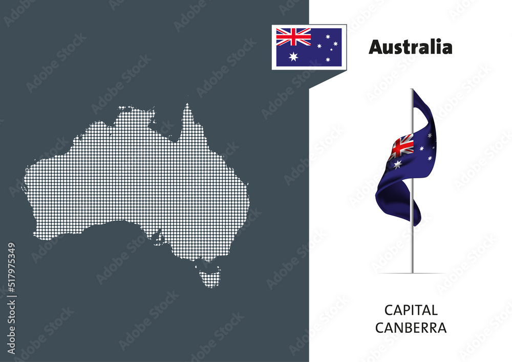 Flag of Australia on white background. Dotted map of Australia with ...