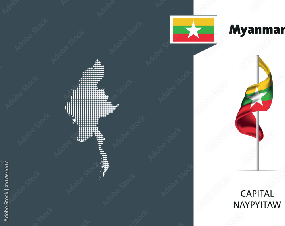 Flag of Myanmar on white background. Dotted map of Myanmar with Capital ...