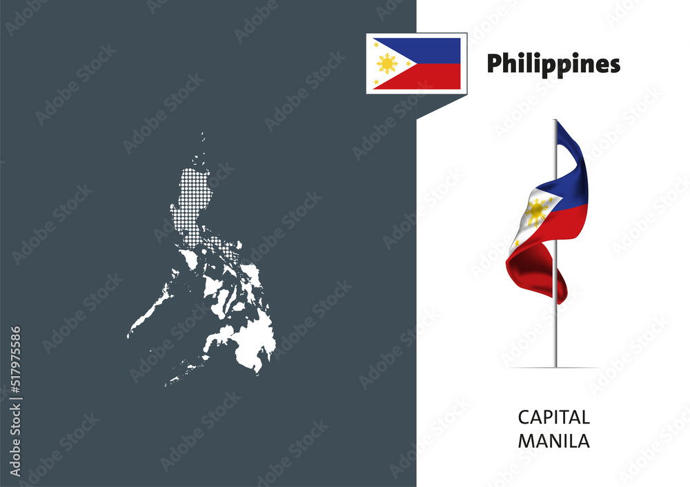 Flag of Philippines on white background. Dotted map of Philippines with ...