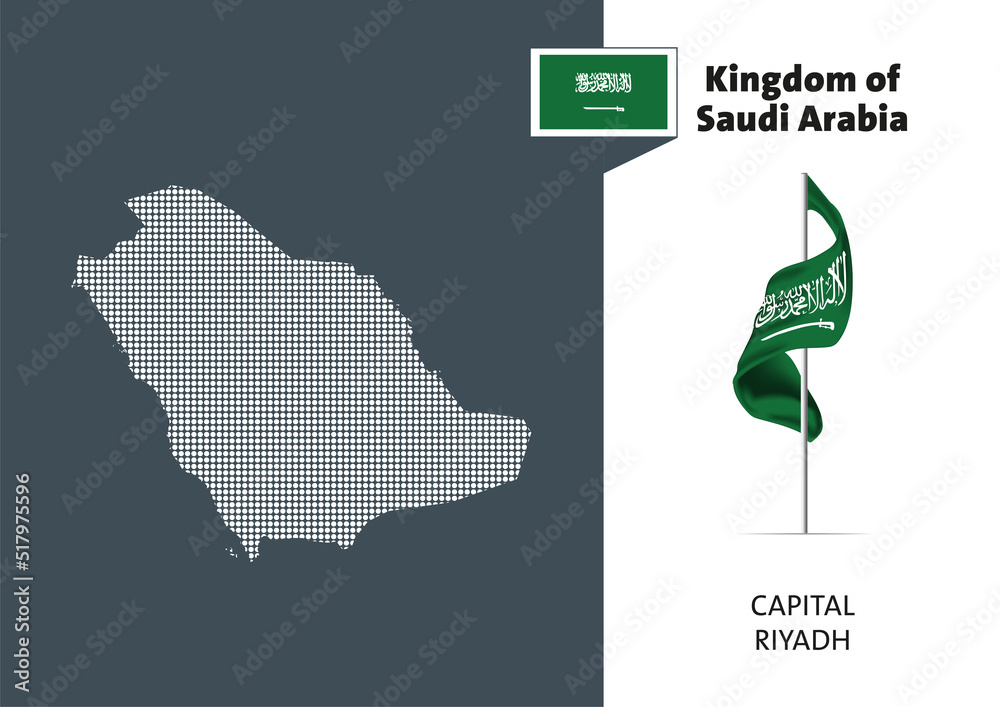 Flag of Saudi Arabia on white background. Dotted map of Saudi Arabia ...