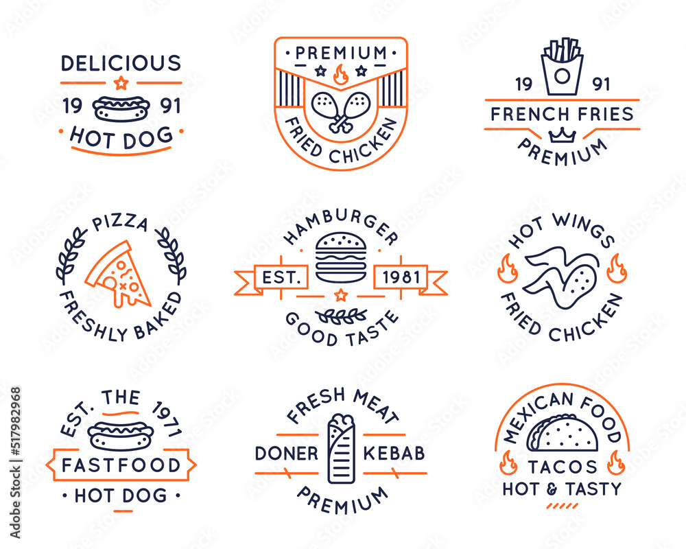 Image vectorielle Stock Fast food logos, labels, icons. Collection of 9 ...
