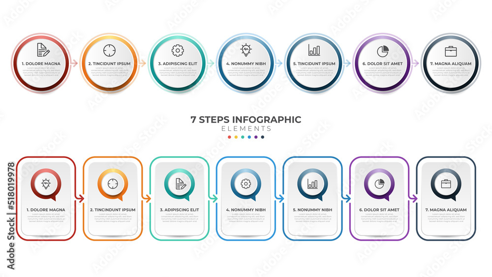 7 list of steps, horizontal sequence with icon and number, infographic ...