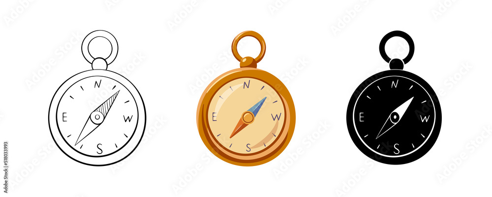 Vector de Stock Compass icon set in doodle, cartoon, simple styles ...