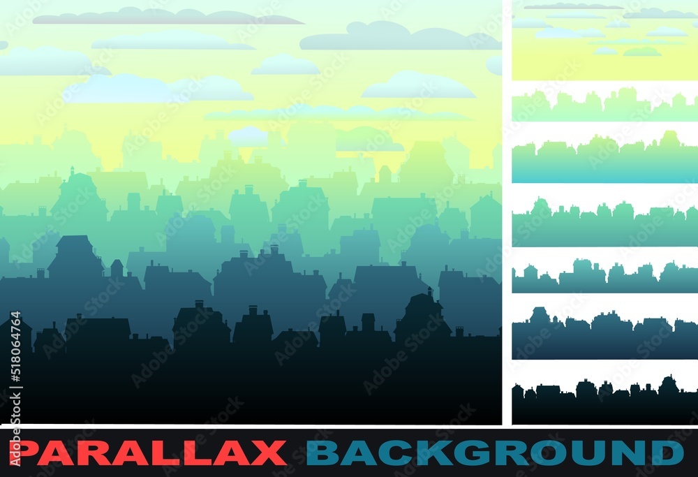 Downtown skyline. Set parallax effect. Horizontal seamless composition ...