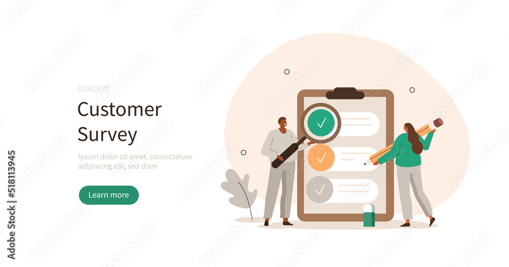 Feedback and survey. Characters filling survey form and putting check ...