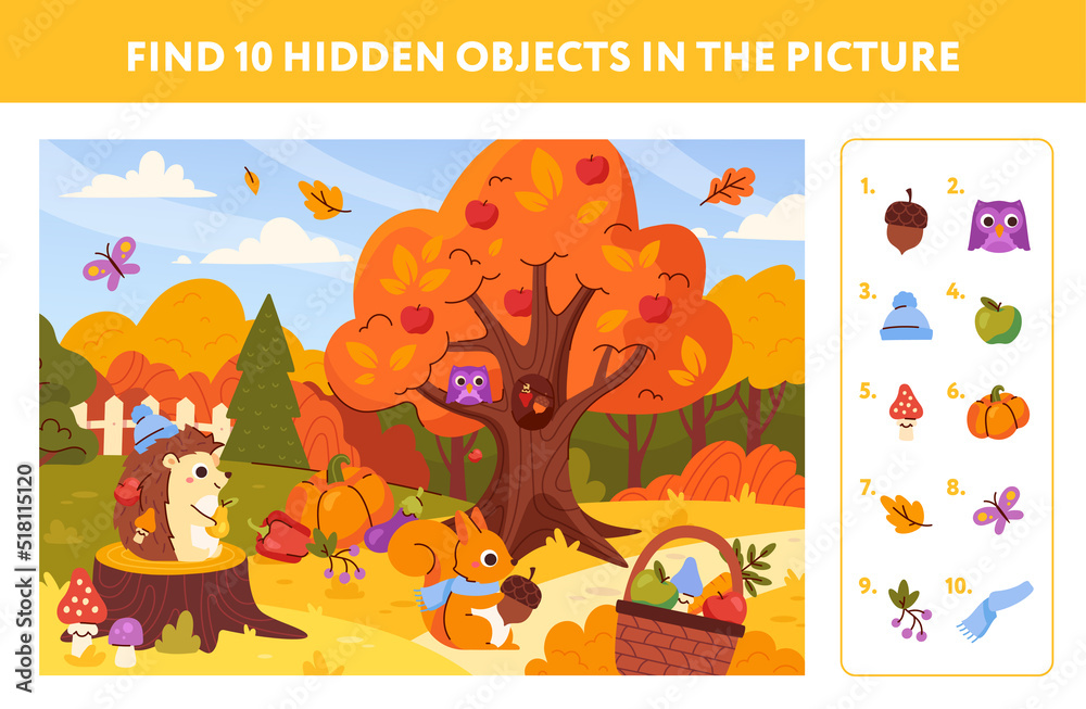 Educational game for childrens. Beautiful autumn landscape with hidden ...