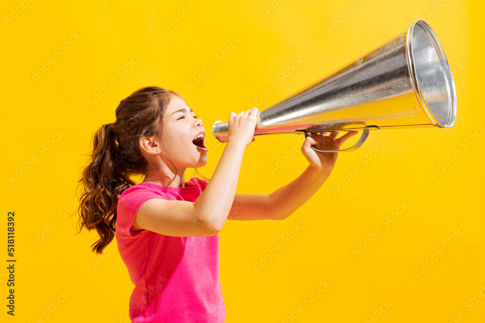 Emotional little girl, kid in casual style clothes shouting at retro ...
