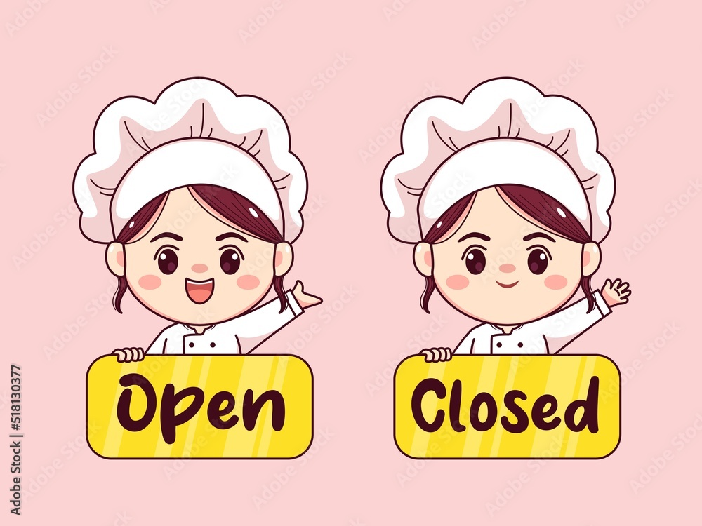 Cute and kawaii female chef or baker with open closed board cartoon ...