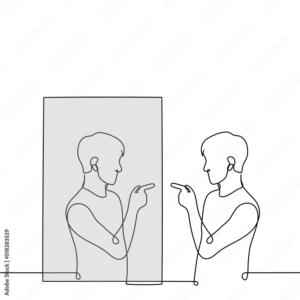 man points his finger at his reflection in the mirror - one line ...