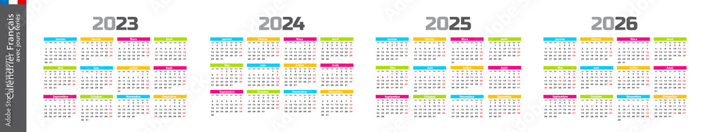 French calendar 2023, 2024, 2025 and 2026 Stock Vector | Adobe Stock