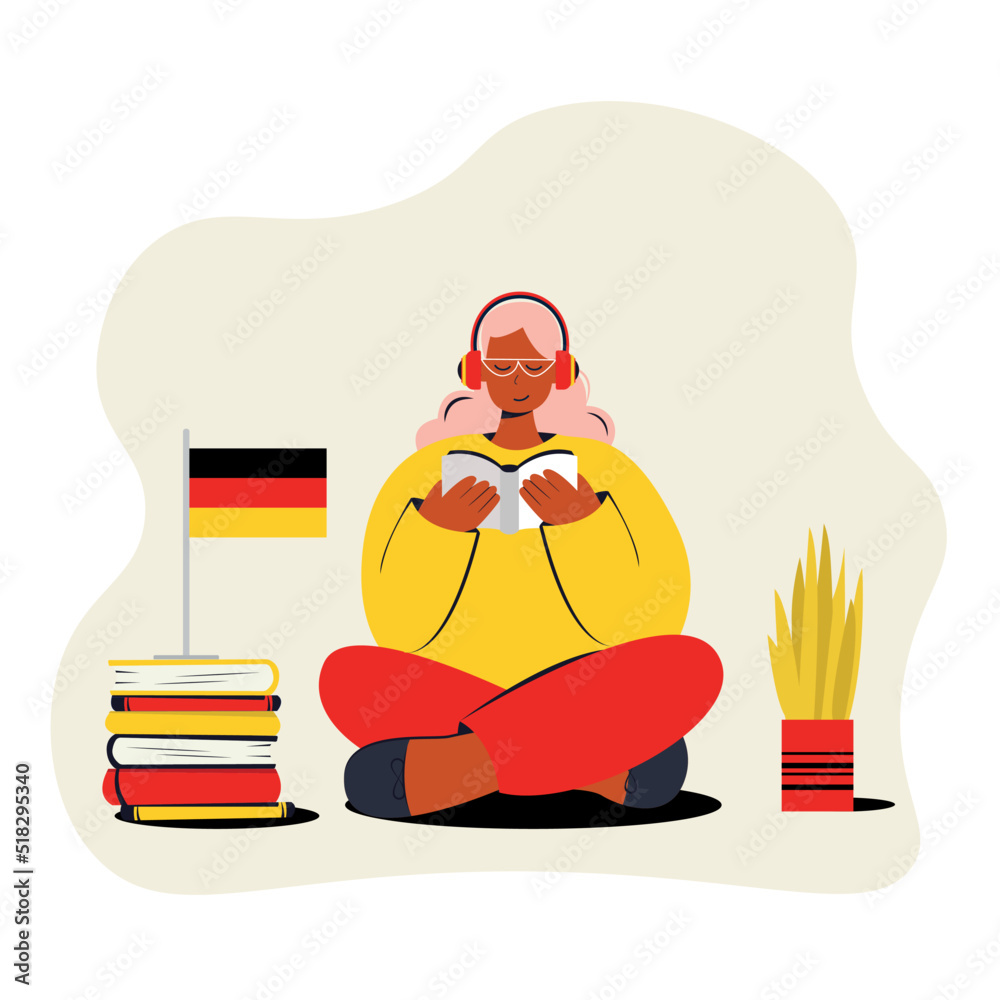 Vector illustration of people learning German. Distance education in ...