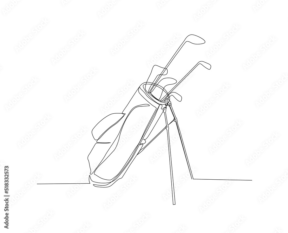 Continuous line drawing of golf bag full of clubs, golfer sport ...